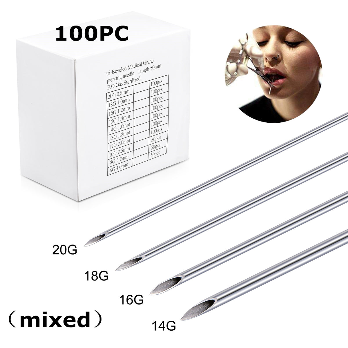100PCS Mixed Body Piercing Needles, 14G 16G 18G 20G Stainless Steel ...