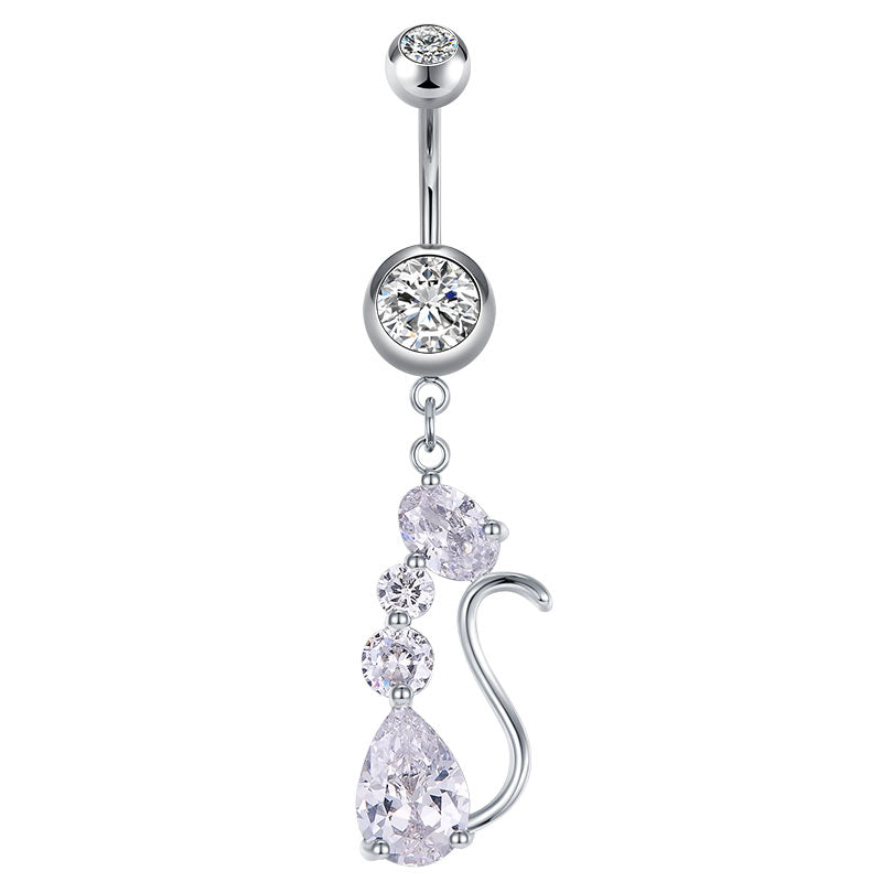 CZ Cat Kitte Pendant Belly Button Ring 14G Surgical Steel Dangle Navel ...